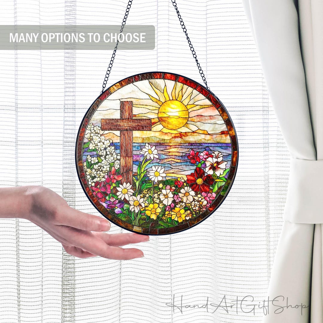 Cross and Wild Flower Glass Suncatcher, Cross Sunset Window Glass ...