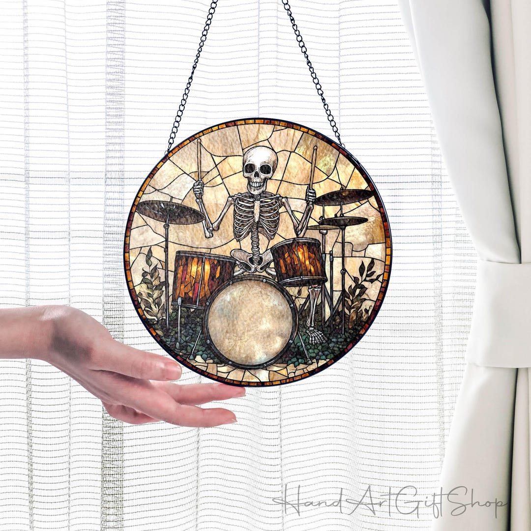 Skeleton Drummer Suncatcher, Skeleton Drummer Stained Glass, Gift for ...