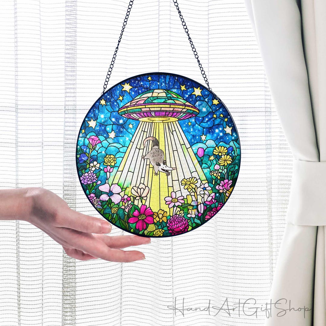 UFO Abduction Opossum Wildflowers Glass Suncatcher, Alien UFO Abduction Window Hanging, Funny ...