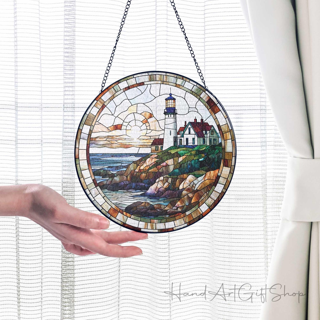 Lighthouse Sunset on Sea Suncatcher, Lighthouse Window Hangings ...
