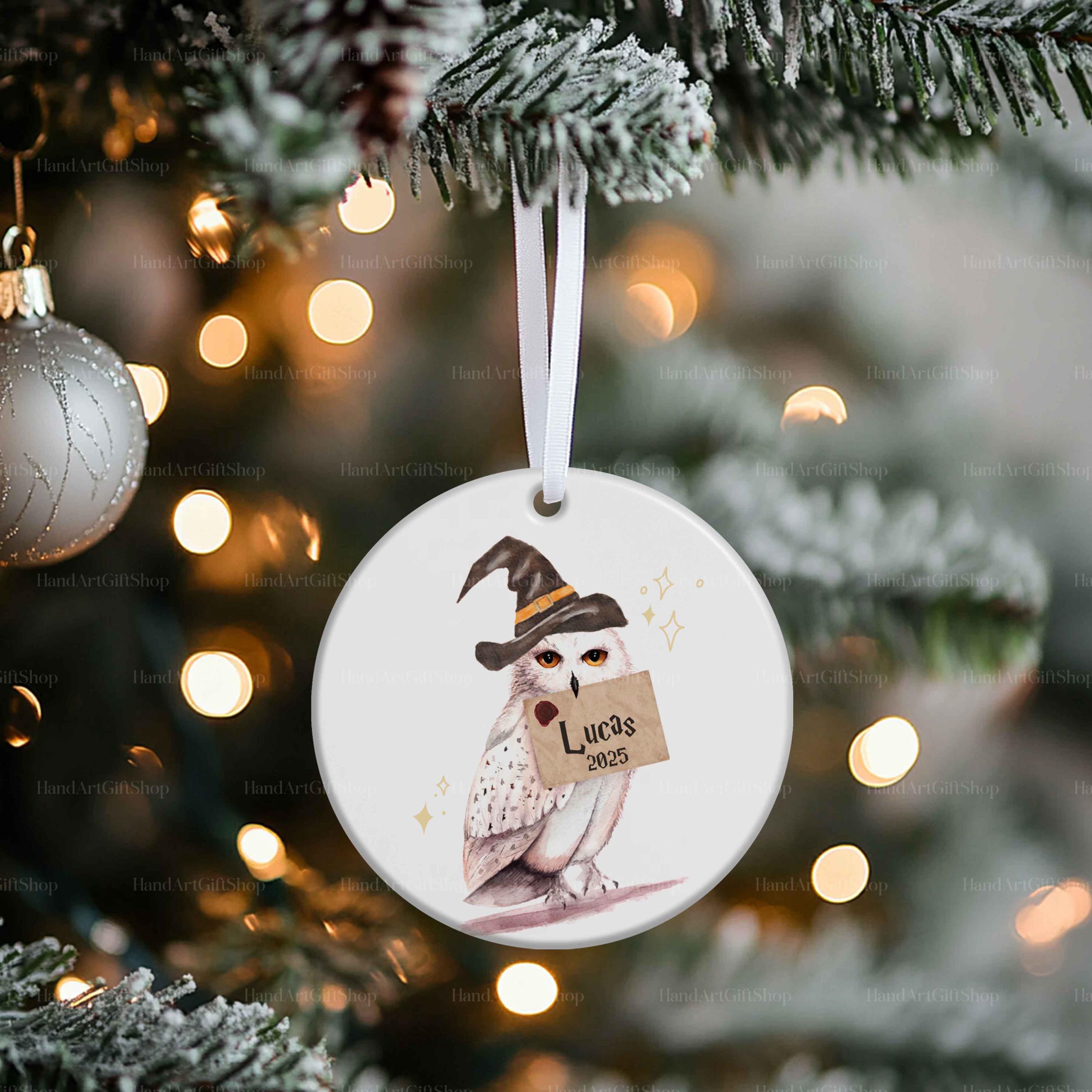 Personalized Wizard Christmas Ornament, Owl With Letter Ceramic ...