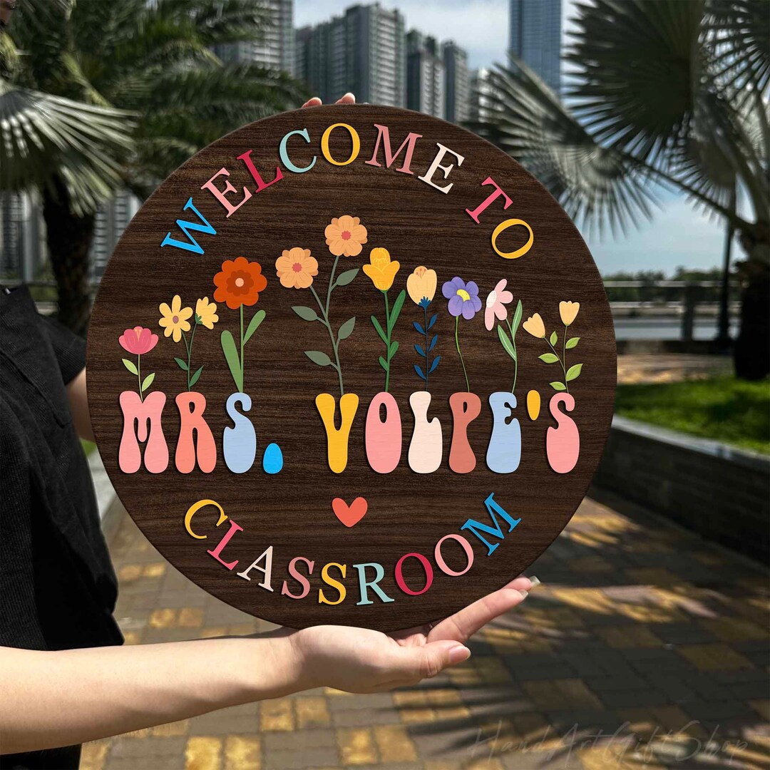 Teacher Door Sign With Flowers, Teacher Name Sign for Classroom ...