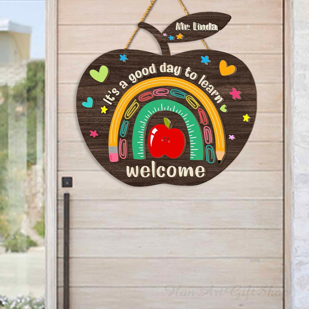 Personalized Rainbow Teacher Apple Door Sign, Custom Teacher ...