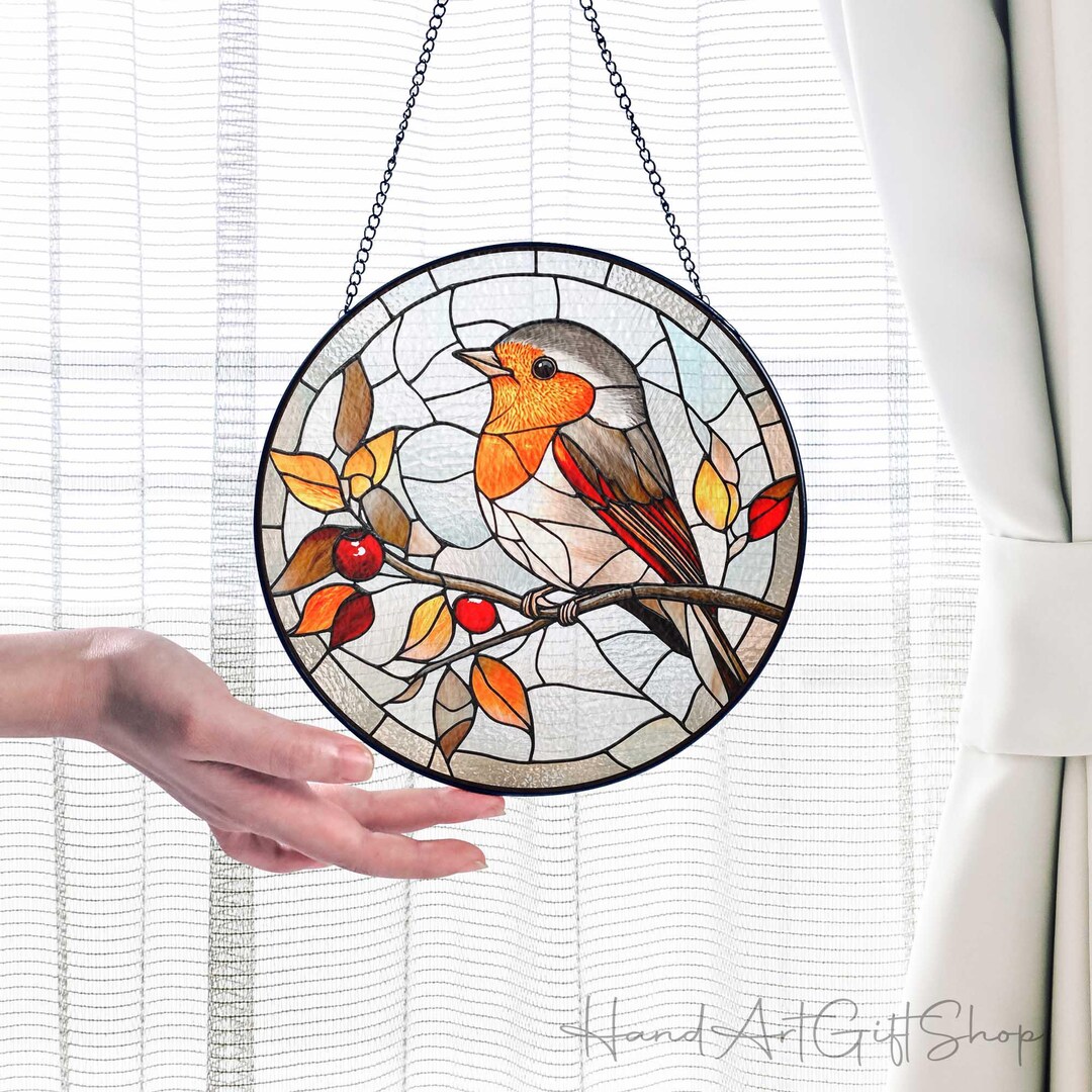 Robin Bird Stained Glass Suncatcher, Bird Flower Natural Art, Robin ...