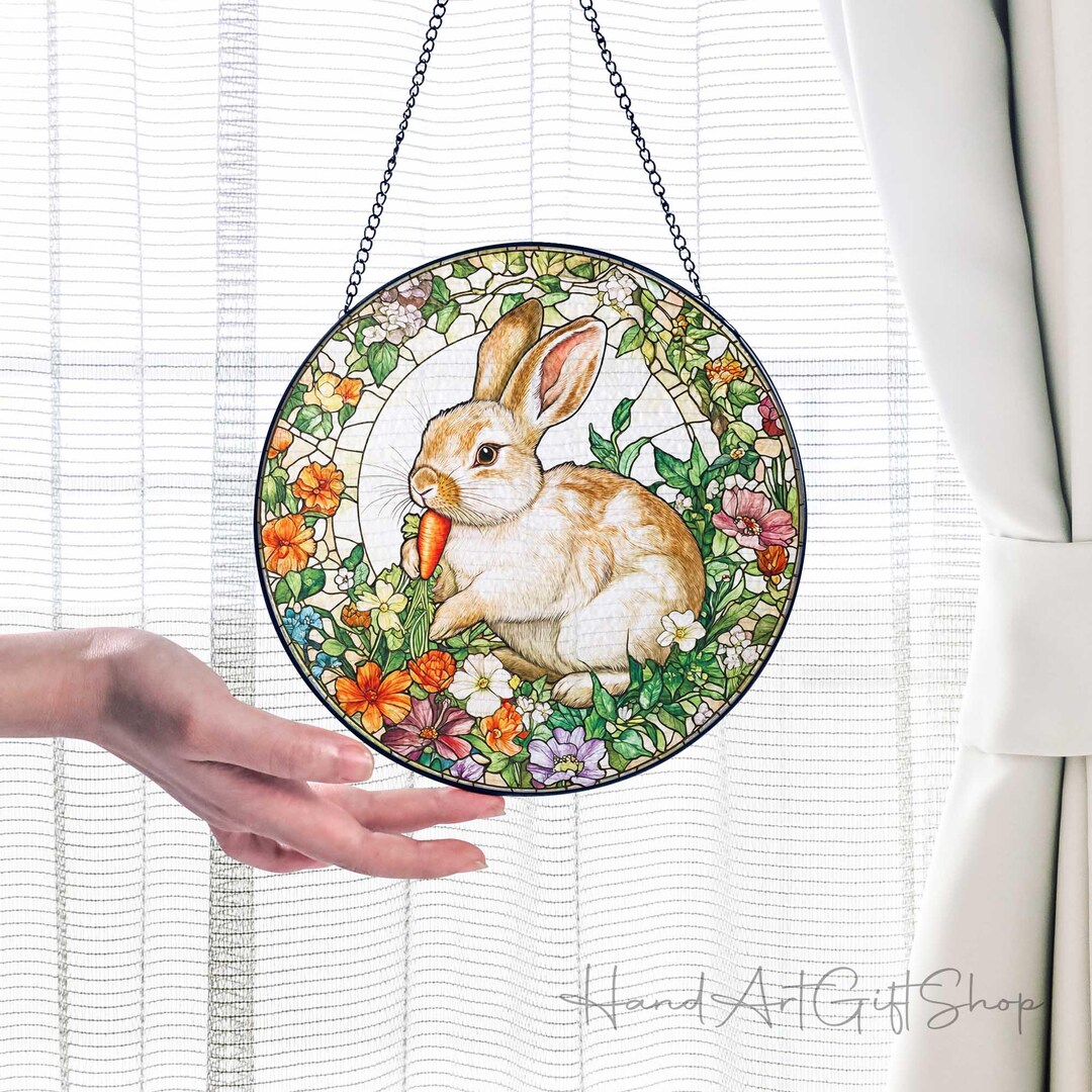 Cute Rabbit Stained Glass Suncatcher, Bunny Window Hanging Decor ...
