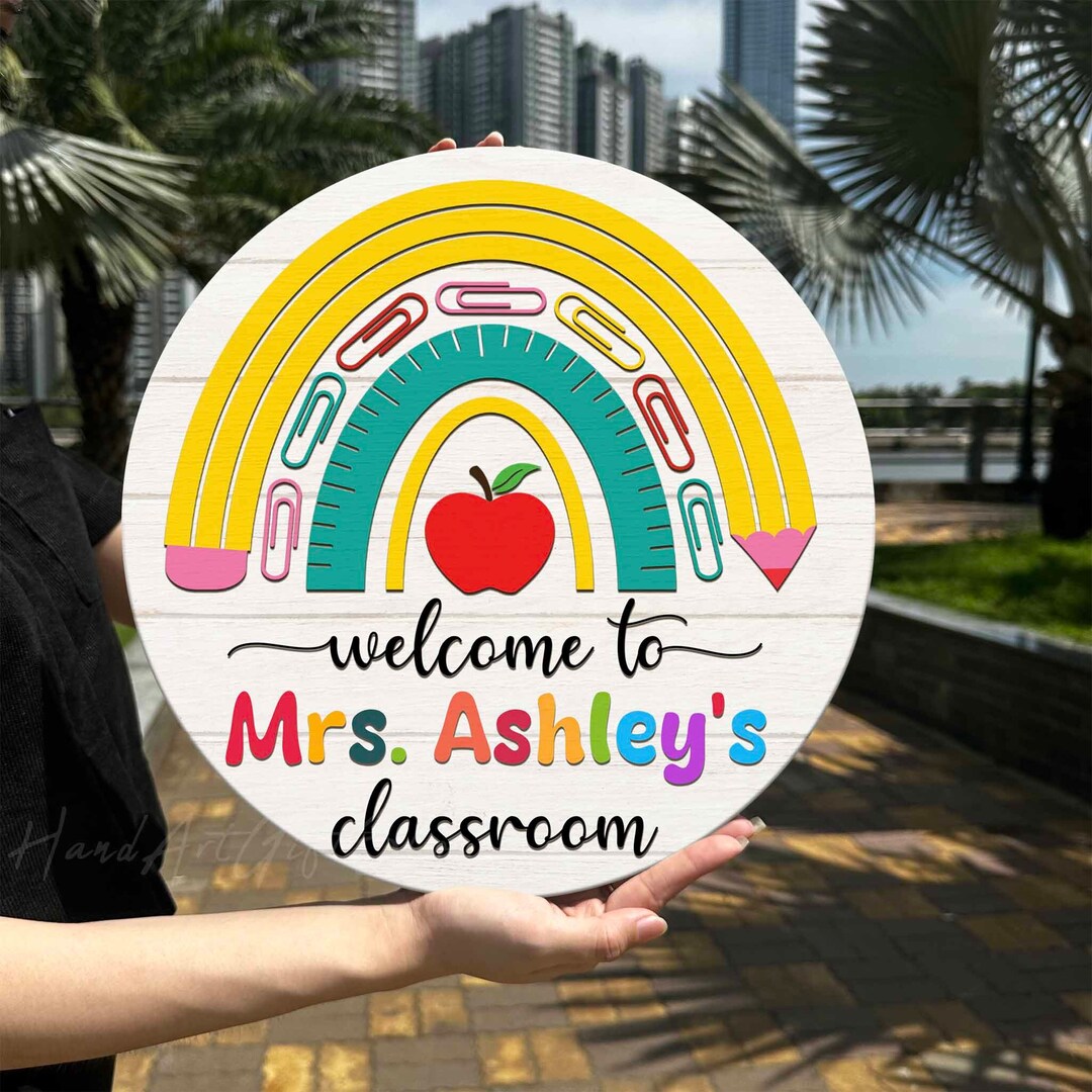 Personalized Rainbow Teacher Sign, Classroom Door Hanger, Rainbow ...
