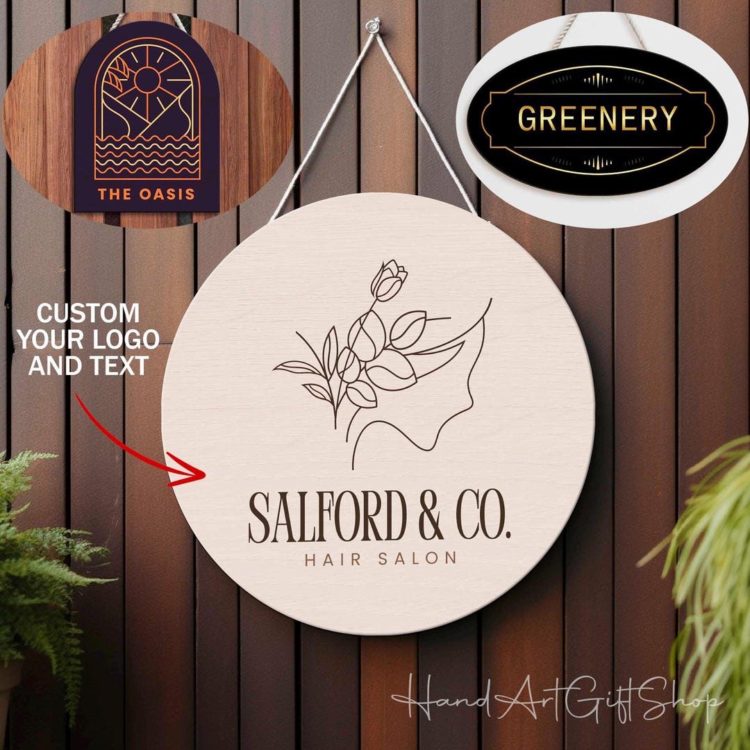 Custom Small Business Sign With Your Logo, Minimalist Wooden Door ...