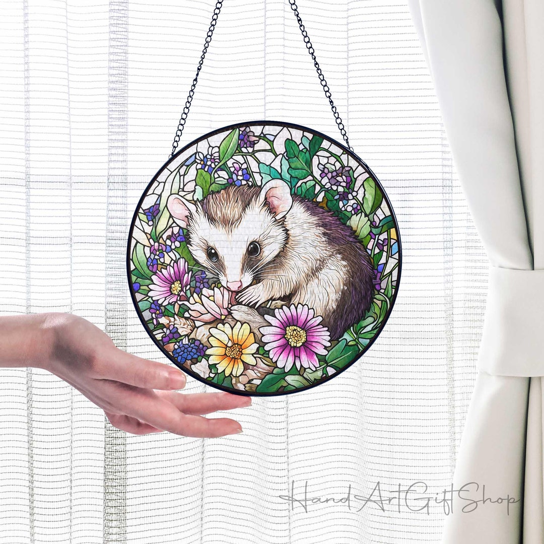 Opossum and Wildflowers Stained Glass Suncatcher, Cute Opossum Window ...