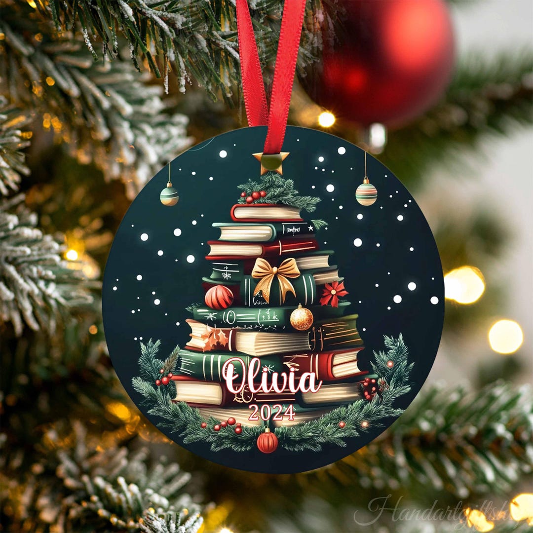 Christmas Book Tree Name Ornament, Custom Bookish Ornament, Book Lover ...