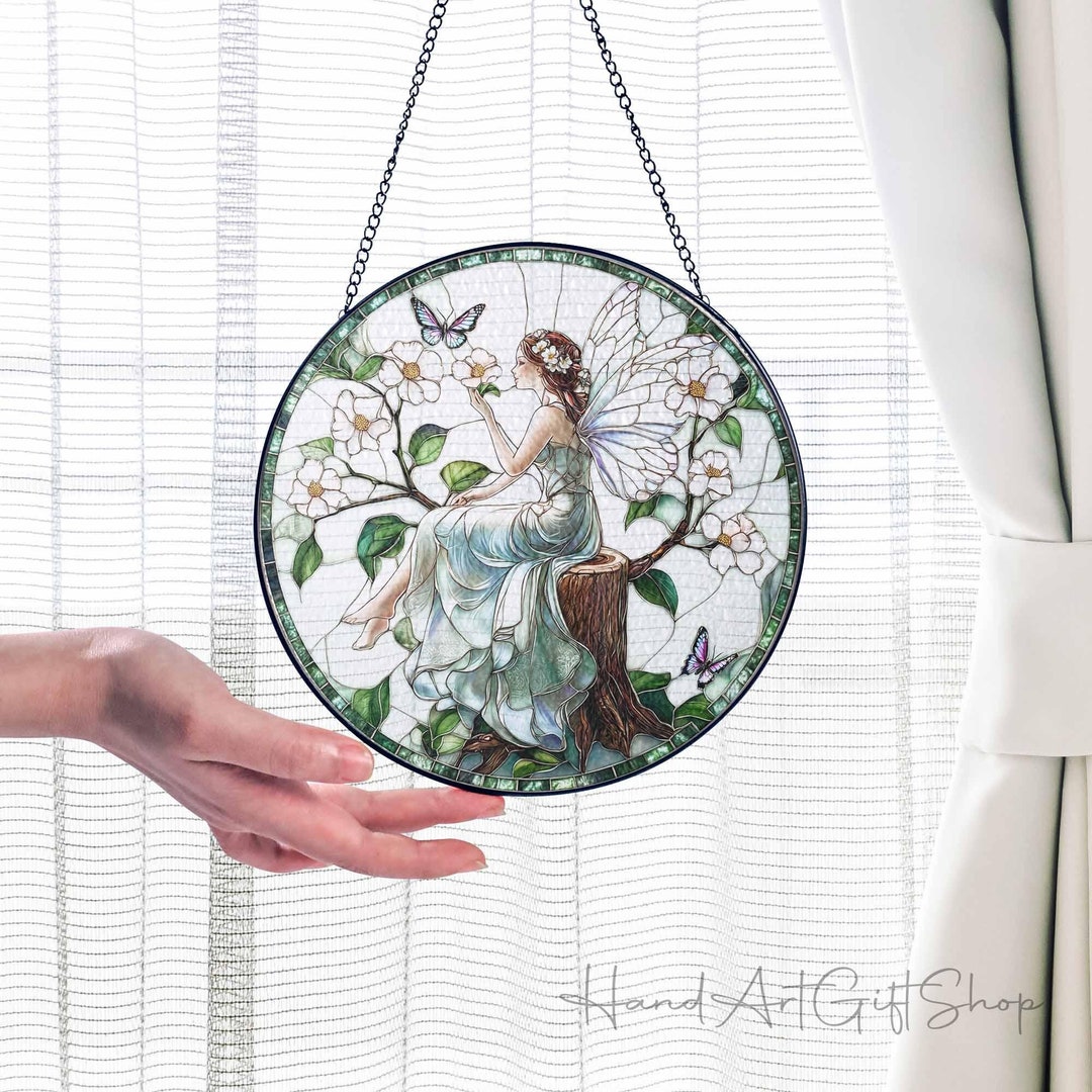 Floral Fairy Stained Glass Sun Catcher, Elf Fairy Window Hanging ...