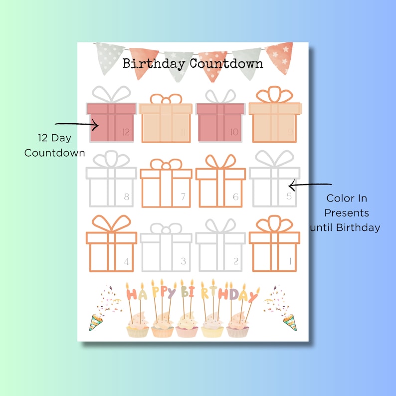 Birthday Color in Countdown Printable, Advent Calendar Instant Download ...