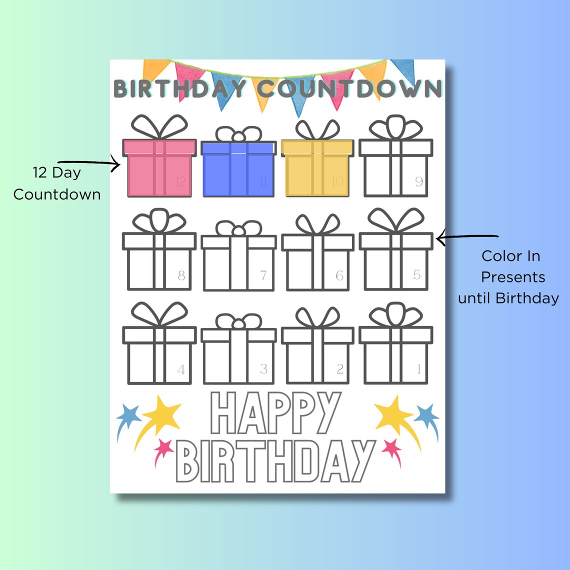 Birthday Colouring in Countdown, Printable, Advent Calendar, Instant ...