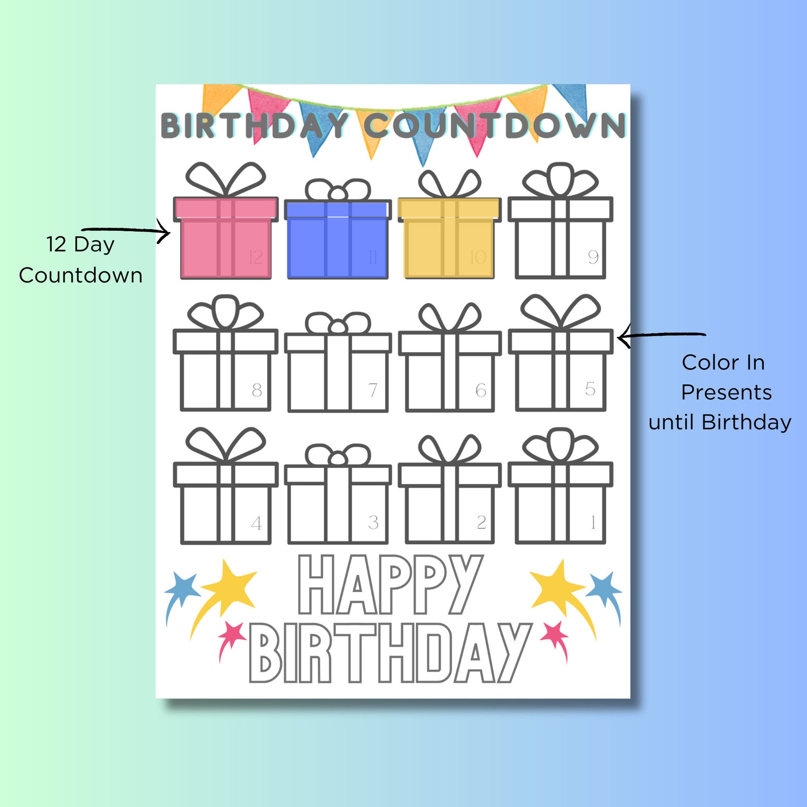 Birthday Colouring in Countdown, Printable, Advent Calendar, Instant ...