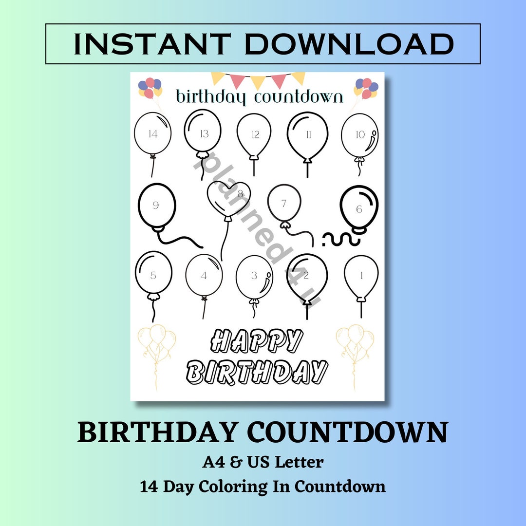 Birthday Balloon Countdown: 14 Day Coloring Page (printable Digital ...