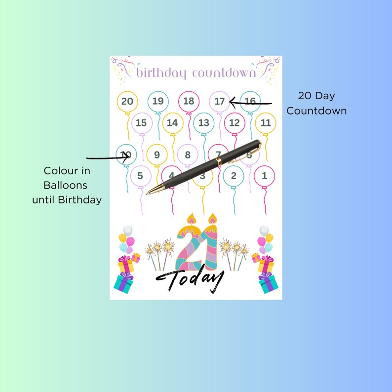 21st Birthday Countdown, Printable 2 Sizes, Advent Calendar, Instant ...