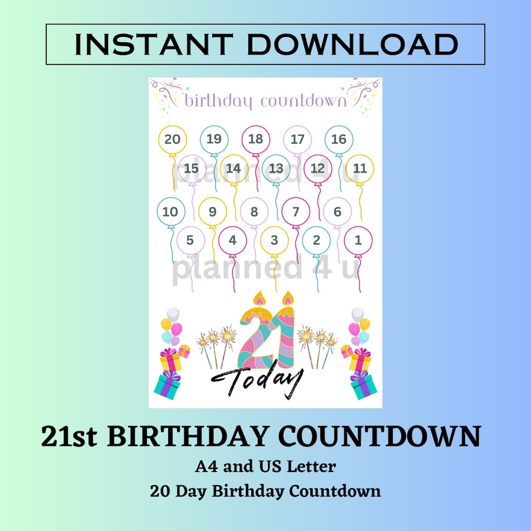 21st Birthday Countdown, Printable 2 Sizes, Advent Calendar, Instant ...