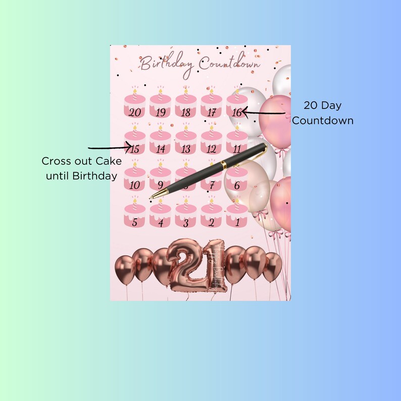 21st Birthday Countdown, Printable 2 Sizes, Advent Calendar, Instant ...