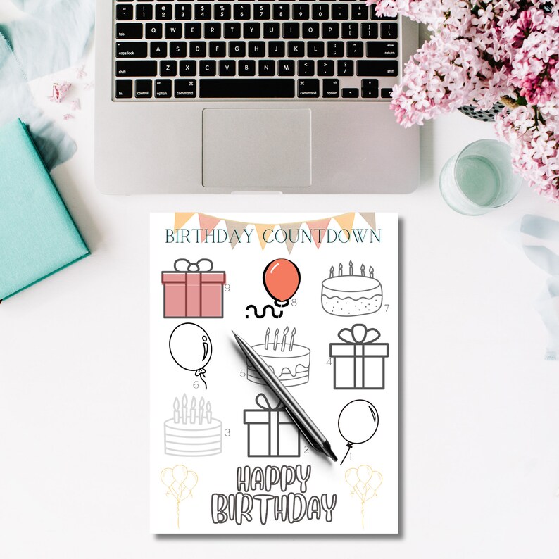 Printable Birthday Countdown, Cake, Balloon Colouring Page (digital ...