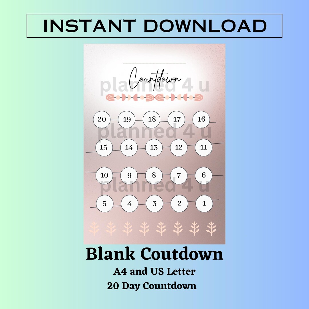 Boho Blank 20 Day Countdown: Printable A4 and US Letter Tracker ...