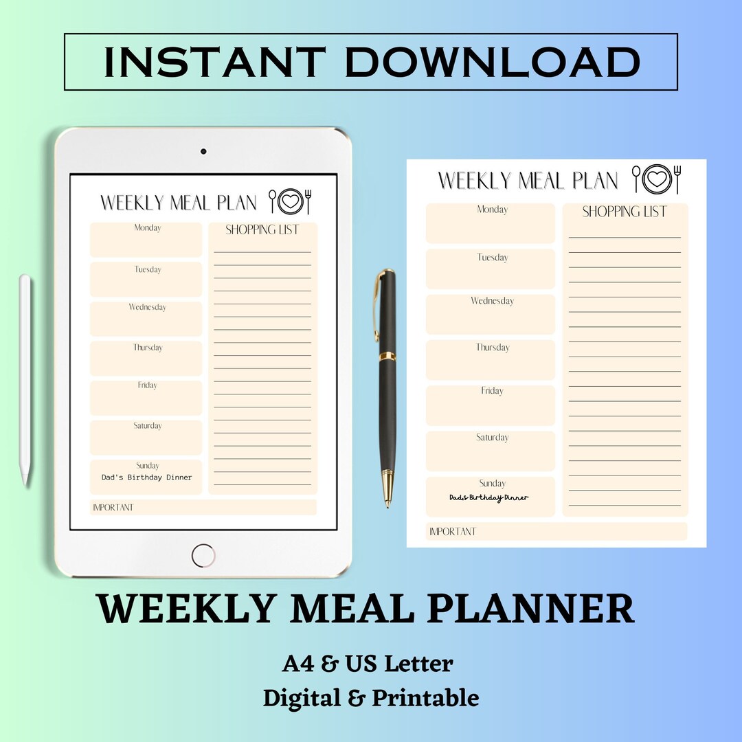Weekly Meal Plan Printable Instant Download 2 Sizes A4 Letter Meal ...