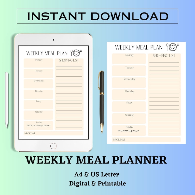 Weekly Meal Plan Printable Instant Download 2 Sizes A4 Letter - Etsy