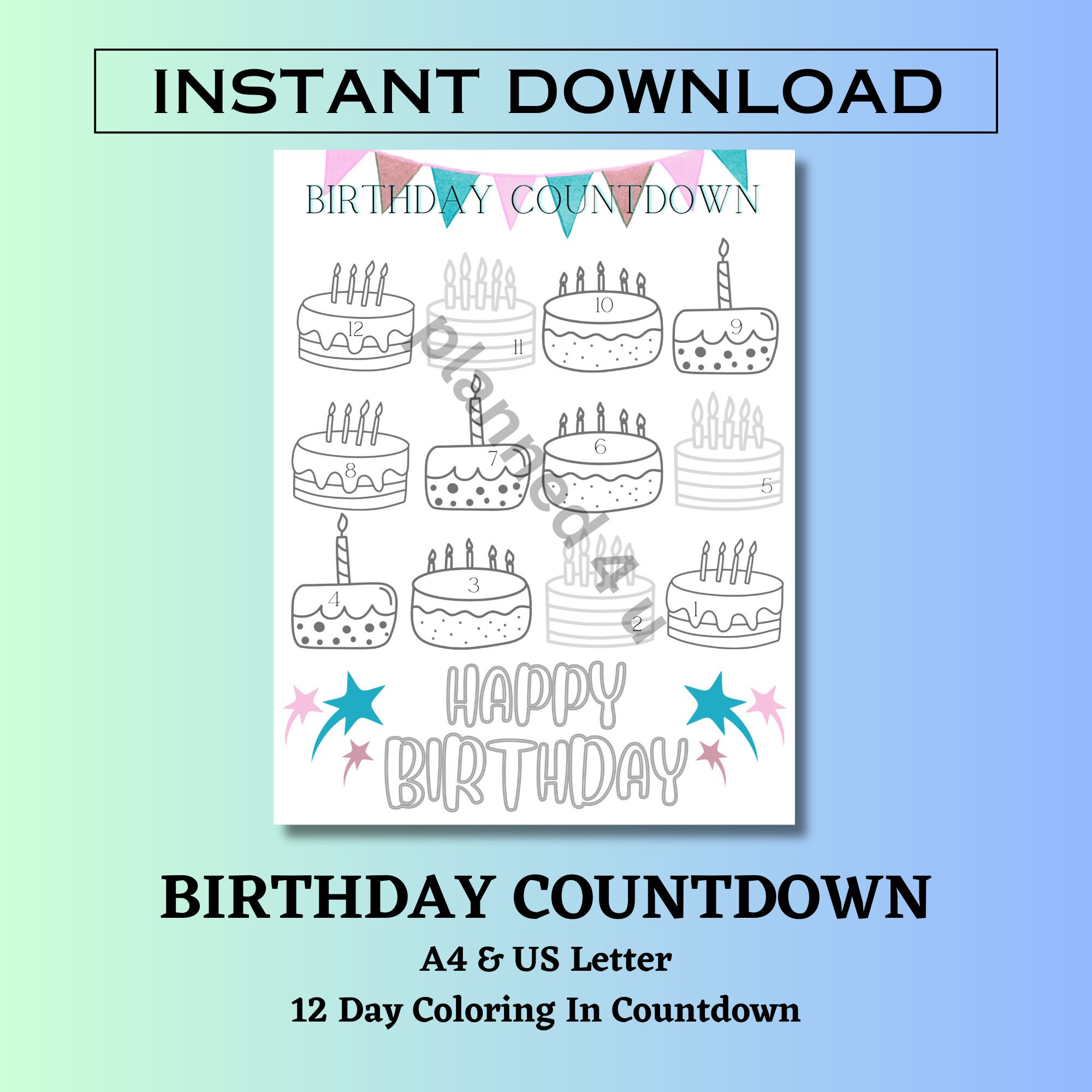 Birthday Cake Colouring in Countdown, Printable, Advent Calendar ...