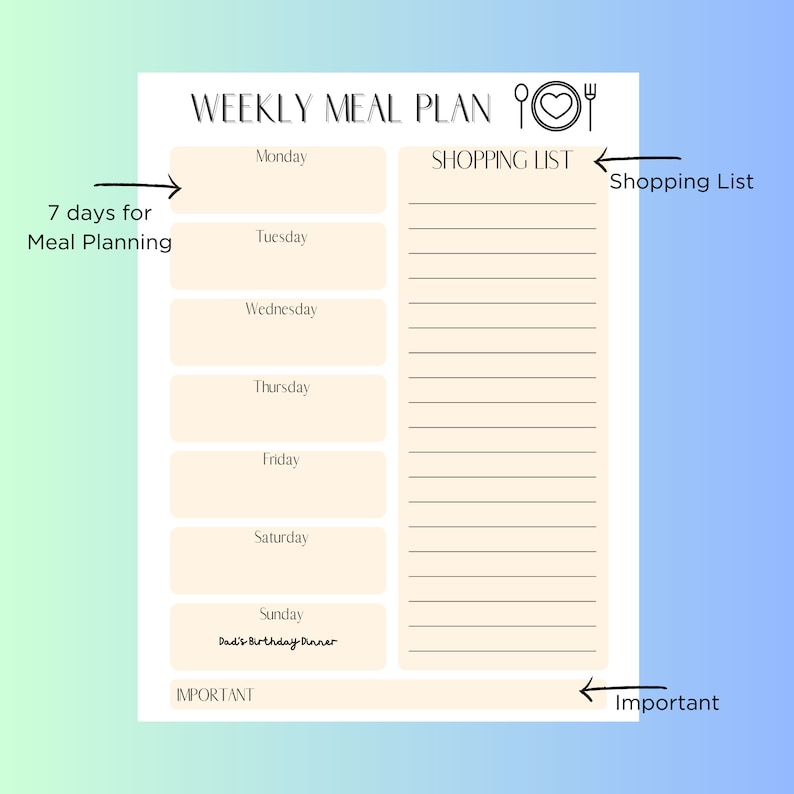 Weekly Meal Plan Printable Instant Download 2 Sizes A4 Letter - Etsy