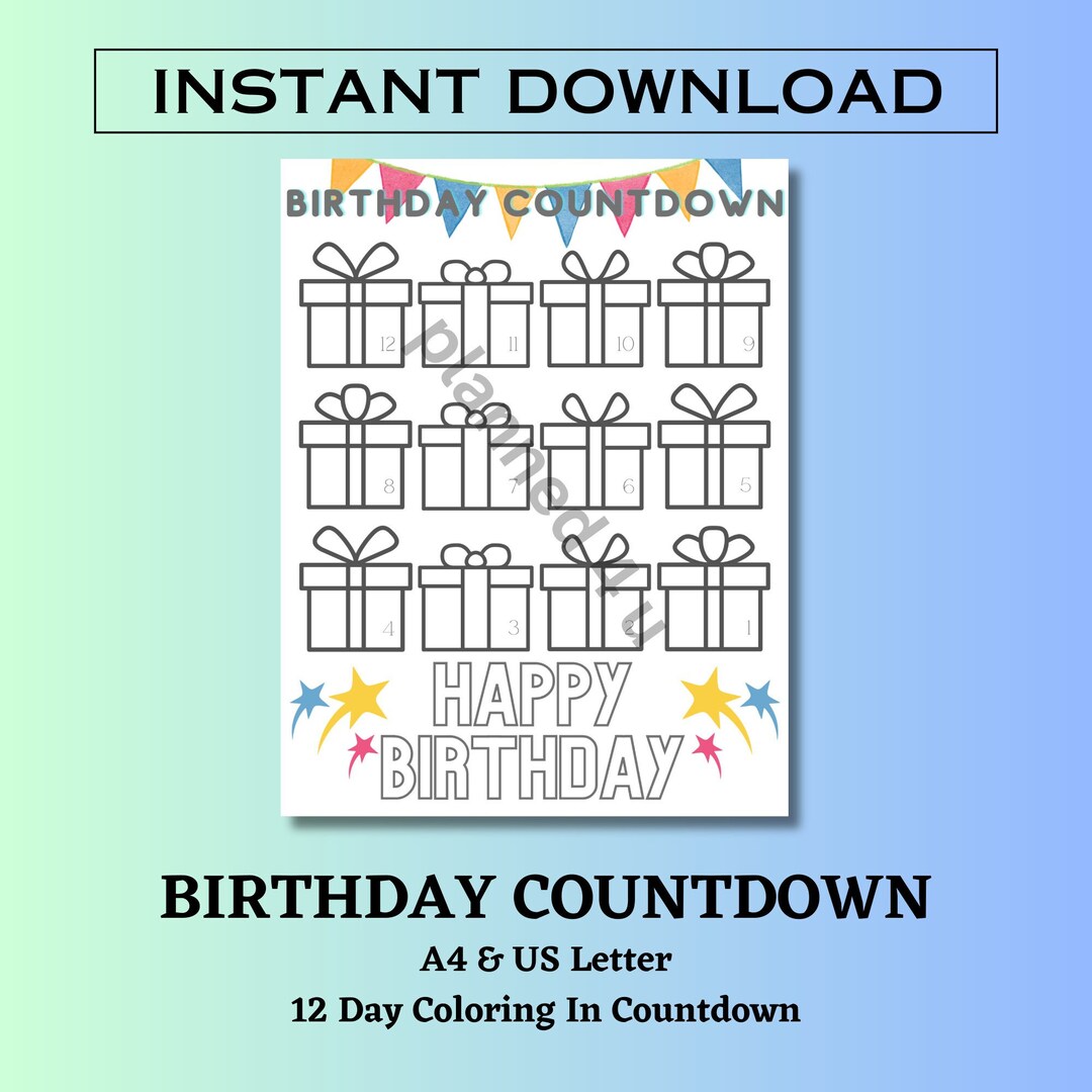 Birthday Colouring in Countdown, Printable, Advent Calendar, Instant ...