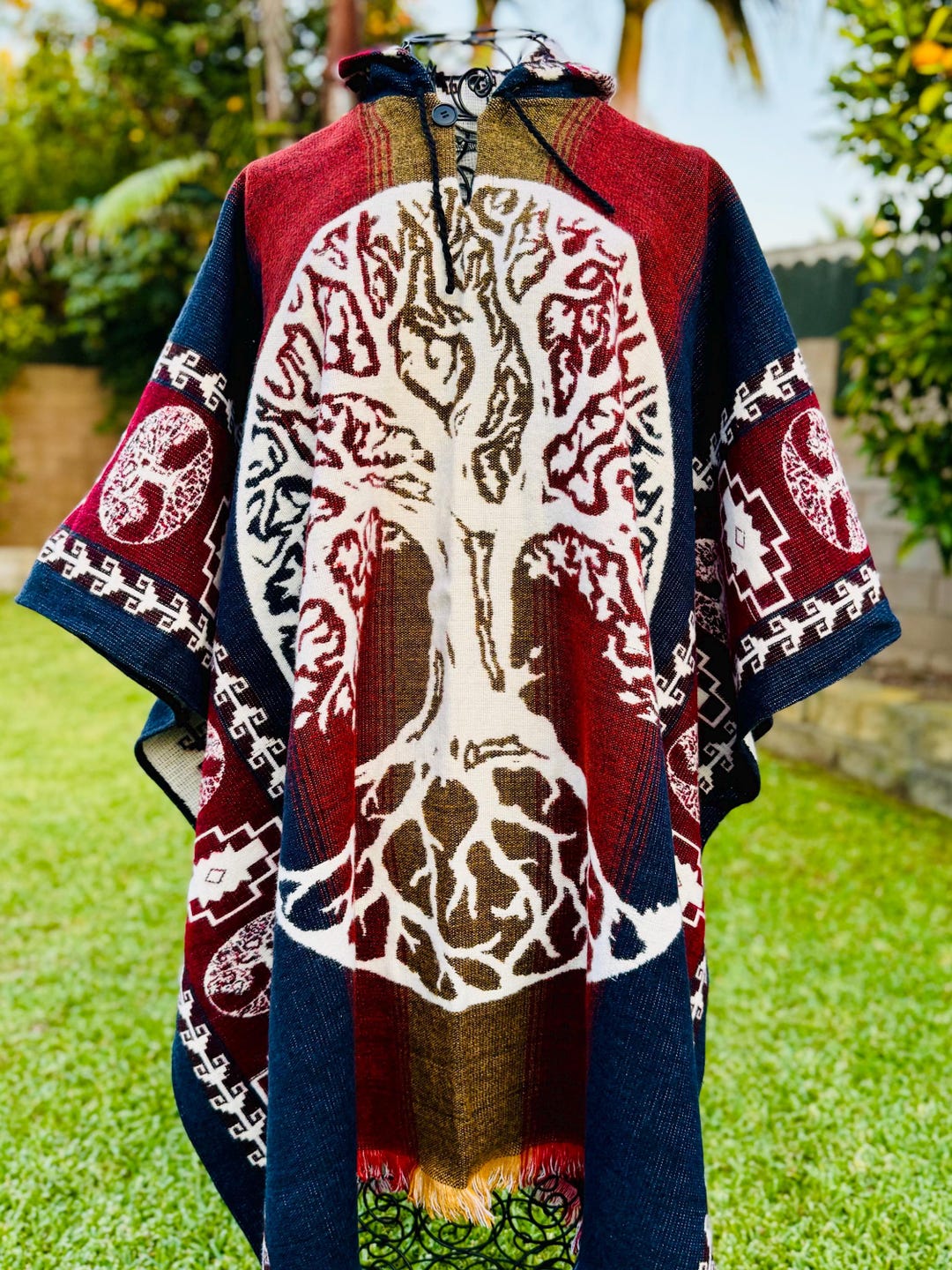 Tree of Life Alpaca Poncho, Unisex, Hooded Alpaca Wool Cape, Winter ...