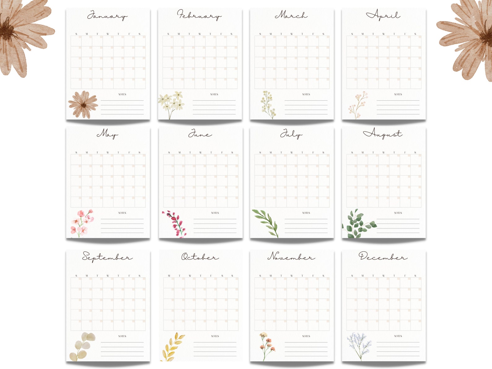 Printable Calendars, Jan - Dec, Blank Calendars, Simple Calendar, 11 X ...