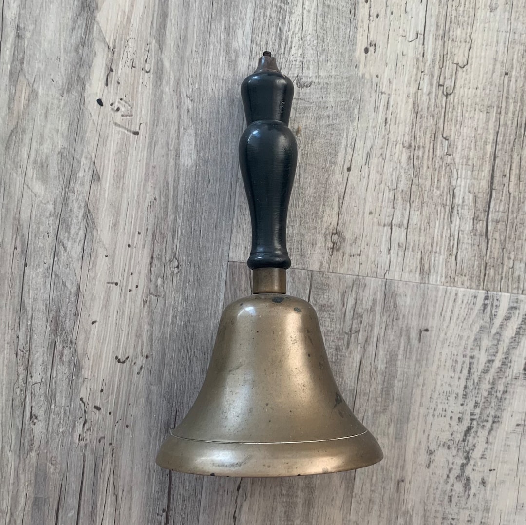 Antique Solid Brass School Bell 7.5” Solid Wood Painted Brown Handle ...
