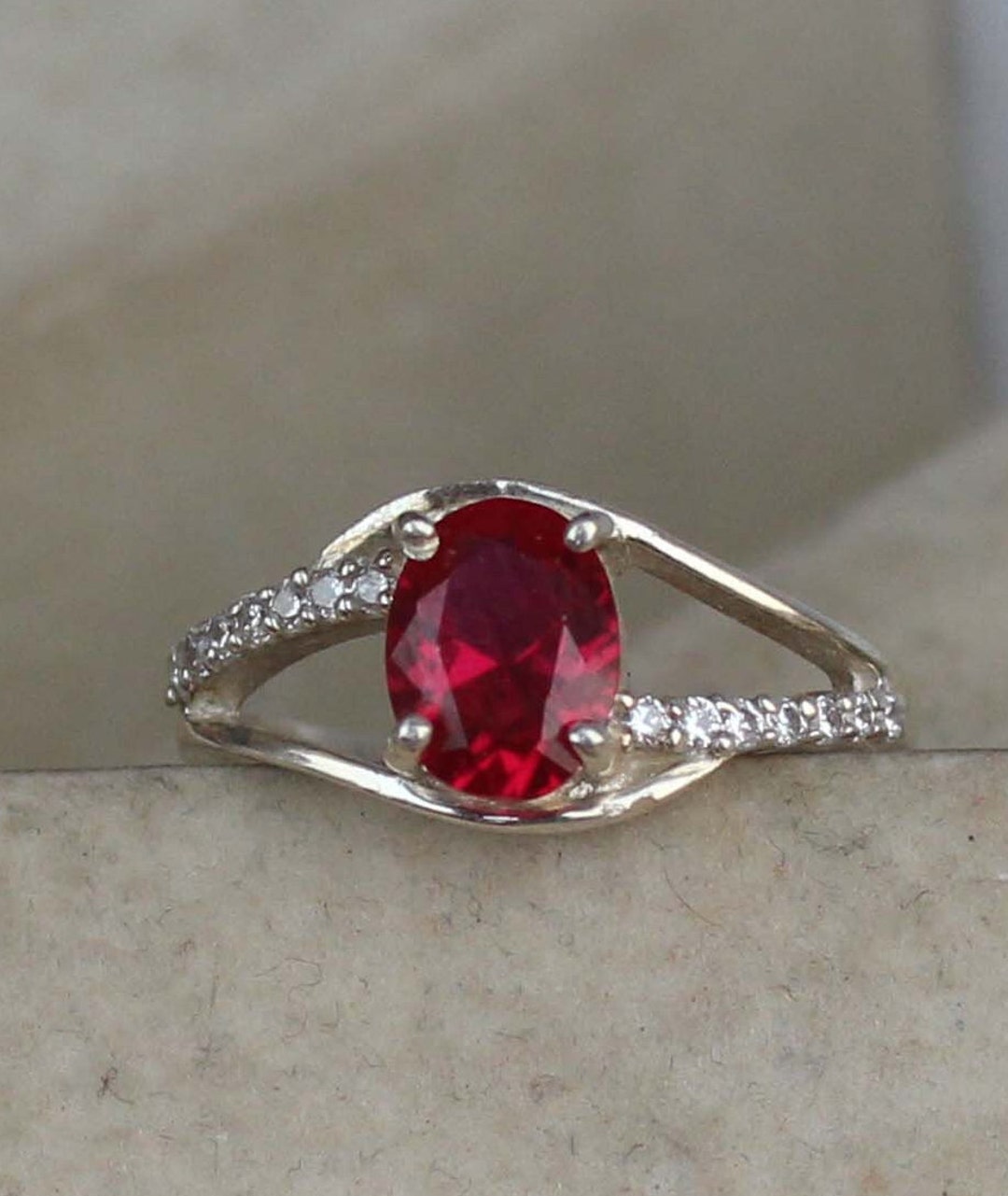 Handmade Lab Ruby Sterling Silver Ring, Cubic Zirconia Accents - Etsy