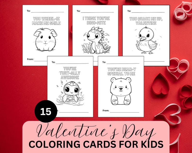 Printable Valentine's Day Coloring Cards for Kids set of 15, Valentine ...