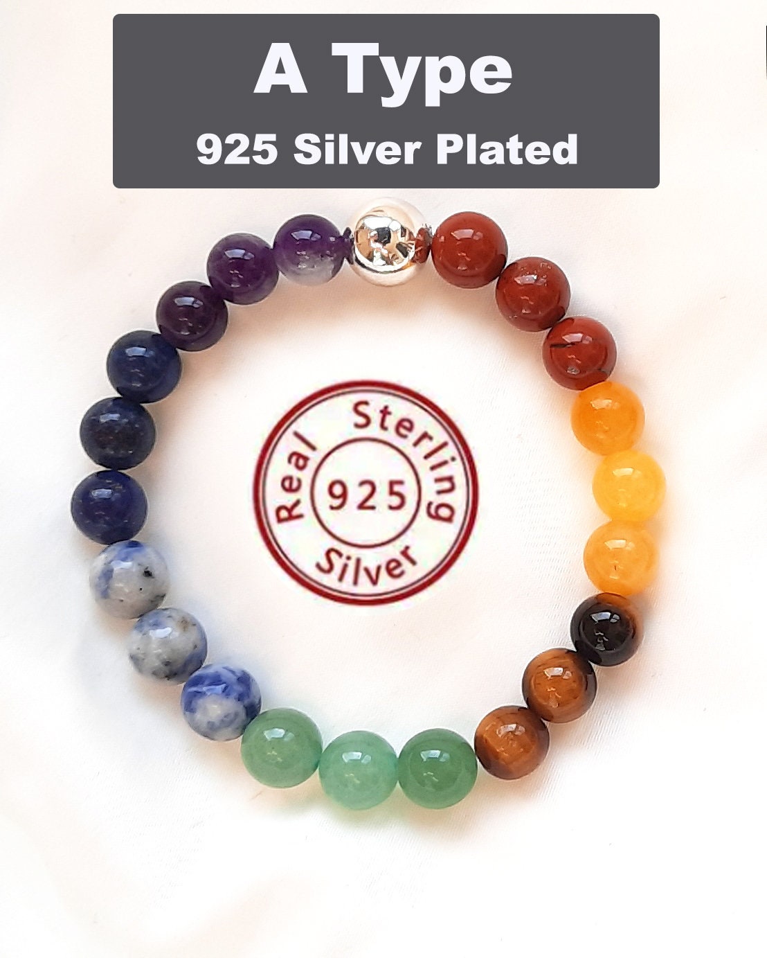 Genuine Chakra Bracelet, 925 Real Silver, 8MM Beaded Bracelet Great ...