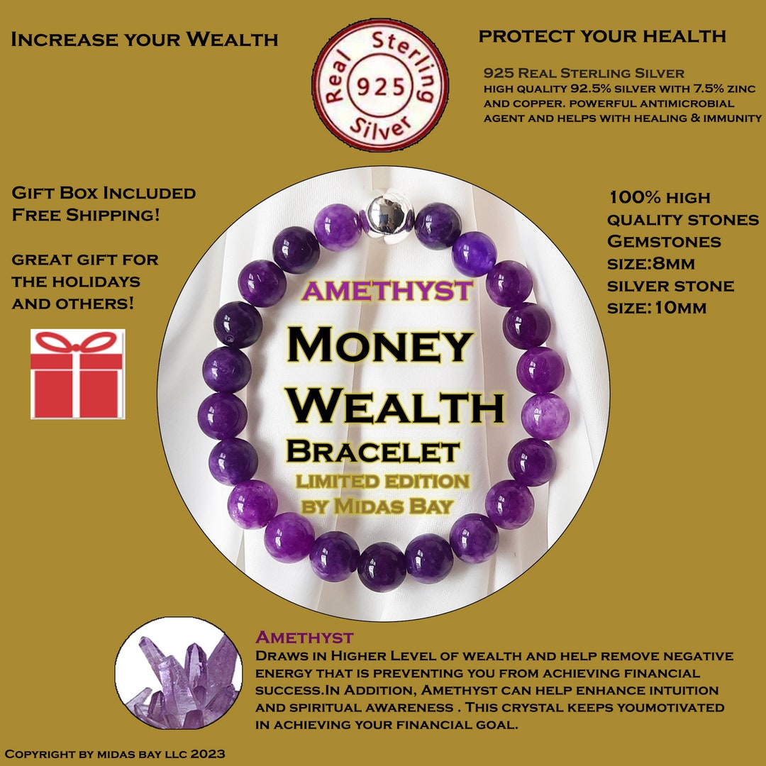 Amethyst, Money Wealth Bracelet, 925 Real Silver, 8MM Beaded Bracelet ...