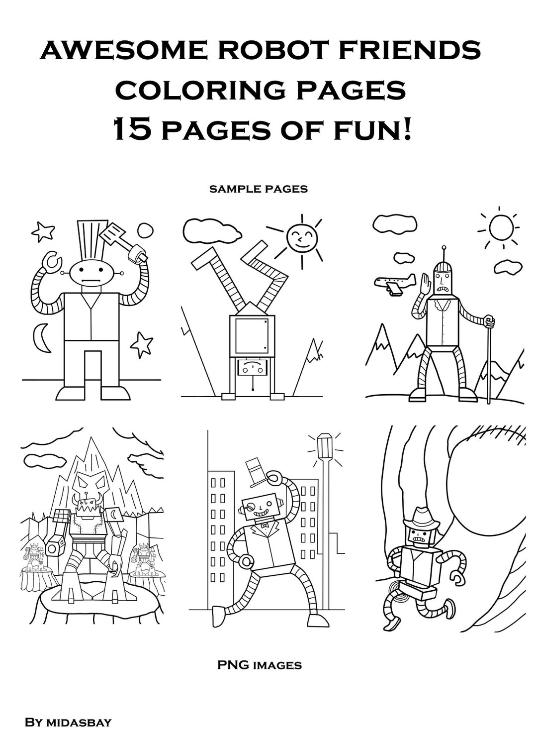 Robot Coloring Pages, Robot Coloring Book, Printable Pages for Digital ...