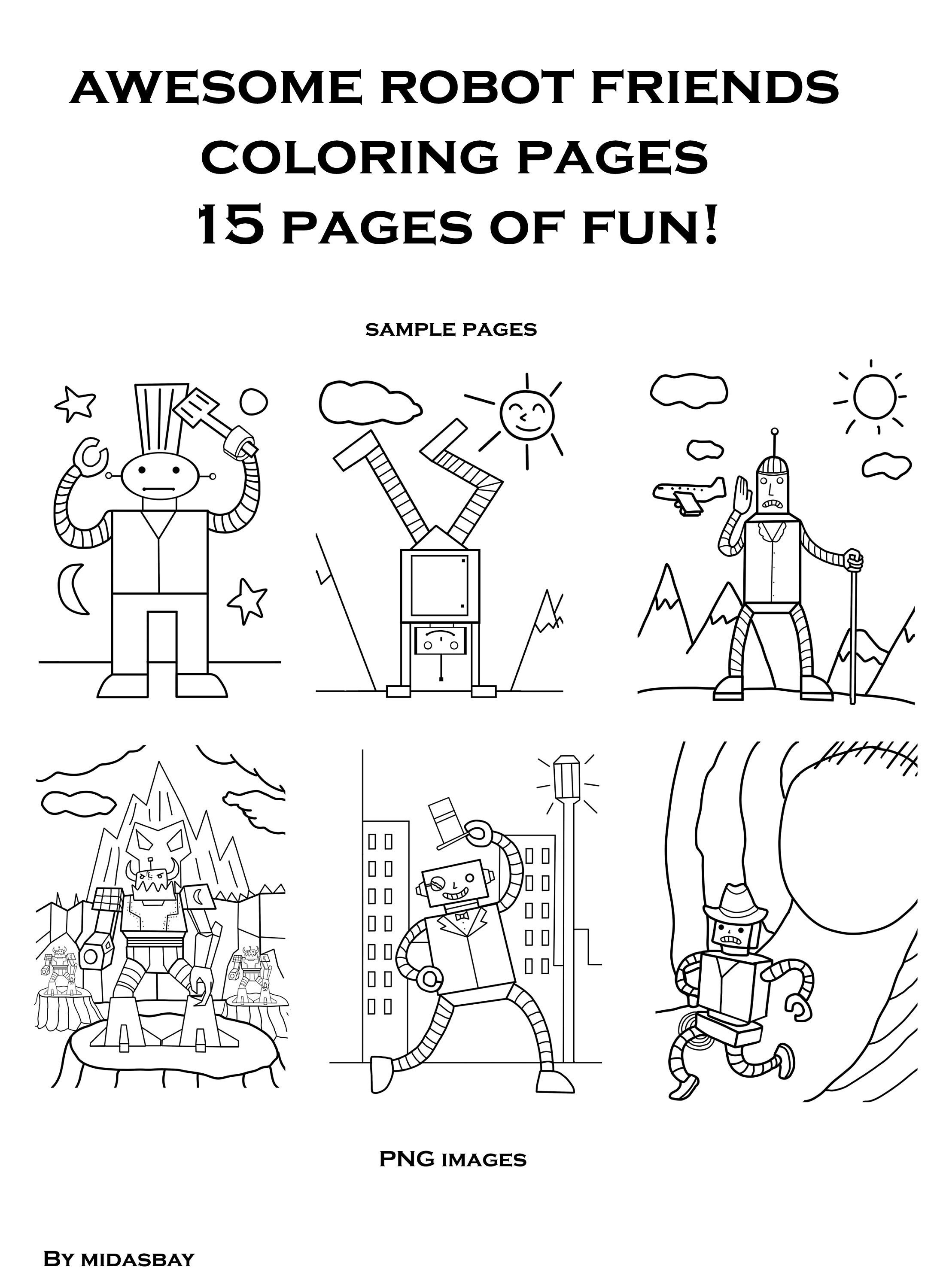 Robot Coloring Pages, Robot Coloring Book, Printable Pages for Digital ...