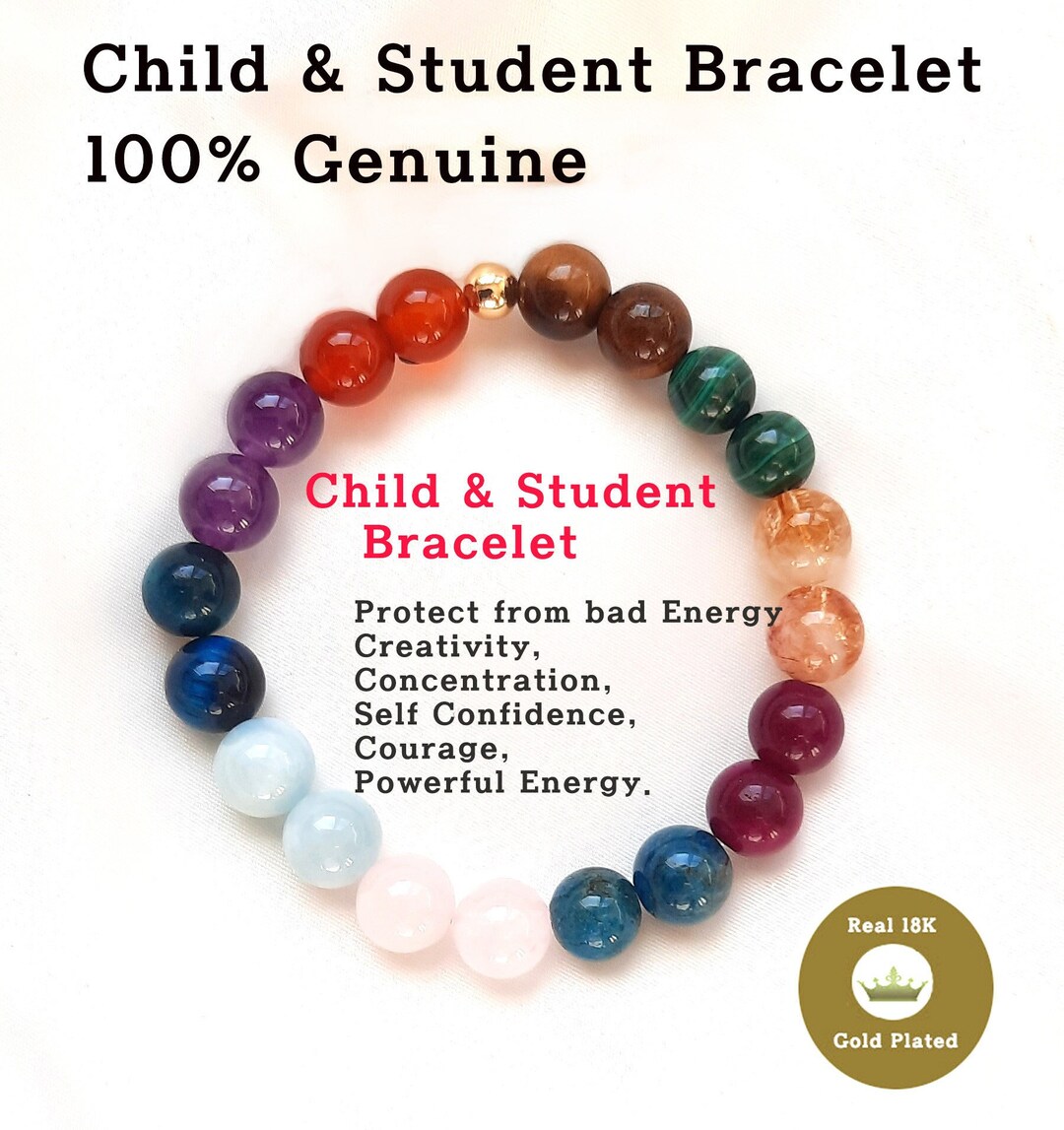 100% Genuine Child & Student Bracelet, Real 18K Gold Plated Stone ...