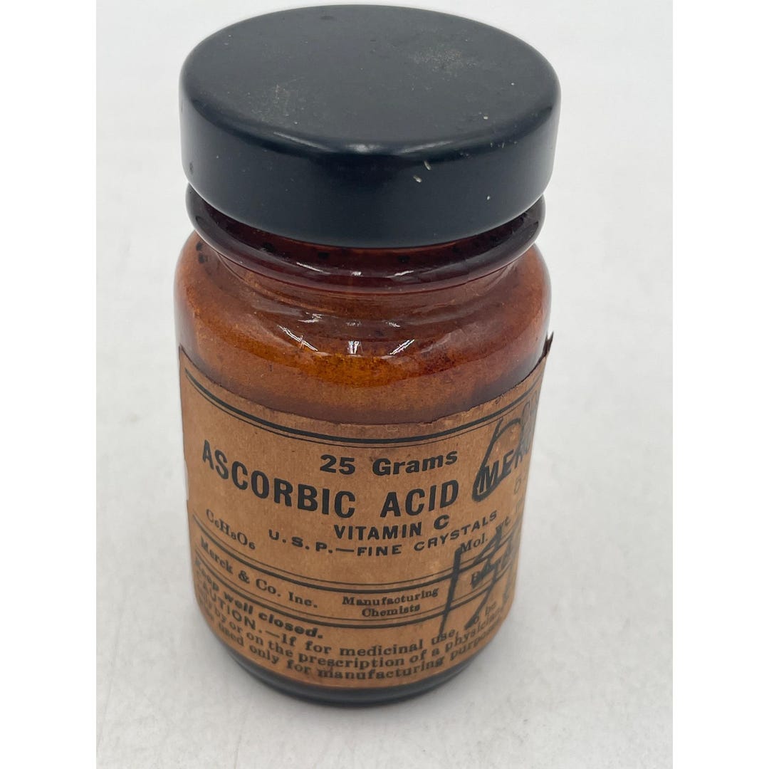 25 Grams Vintage Merck Ascorbic Acid Glass Bottle Label Lid Vitamin C ...