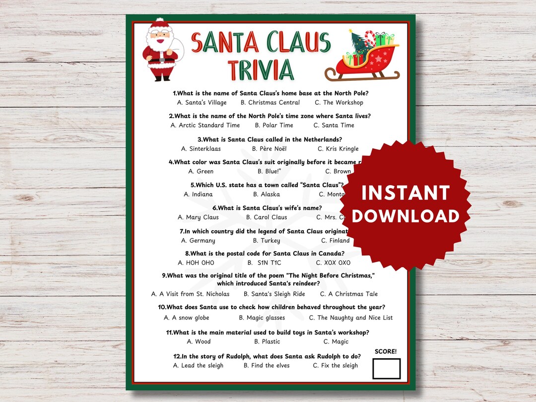 Printable Santa Claus Trivia, Christmas Trivia, Santa Game, Santa ...
