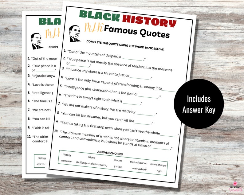 MLK Famous Quotes Printable, Black History Month Activity, African ...