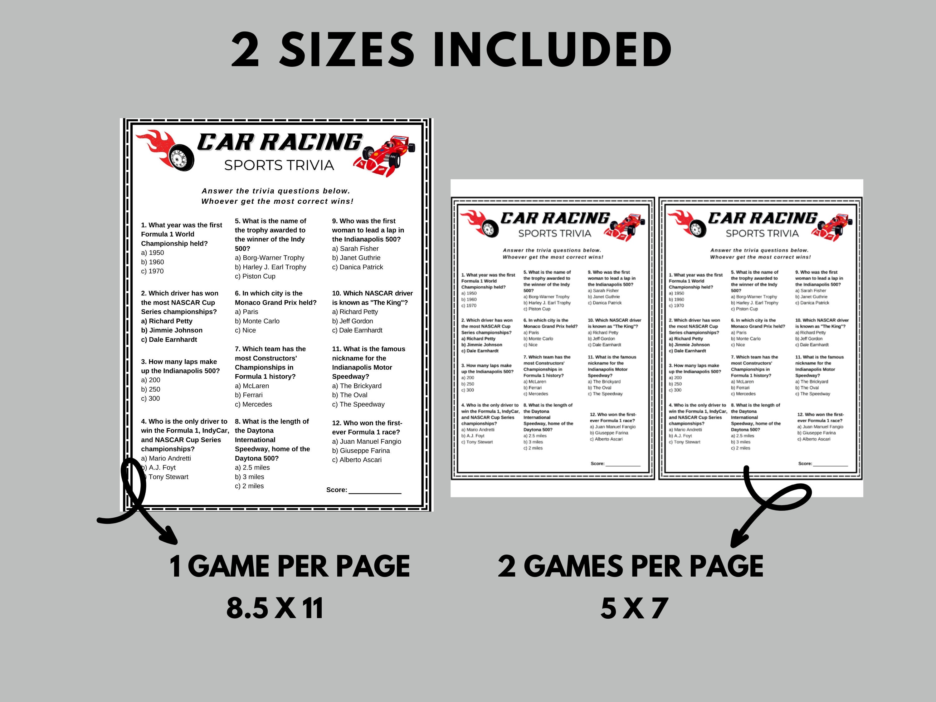 Car Racing Trivia, Motorsports Activity, Race Car Birthday, Boys, Teens ...