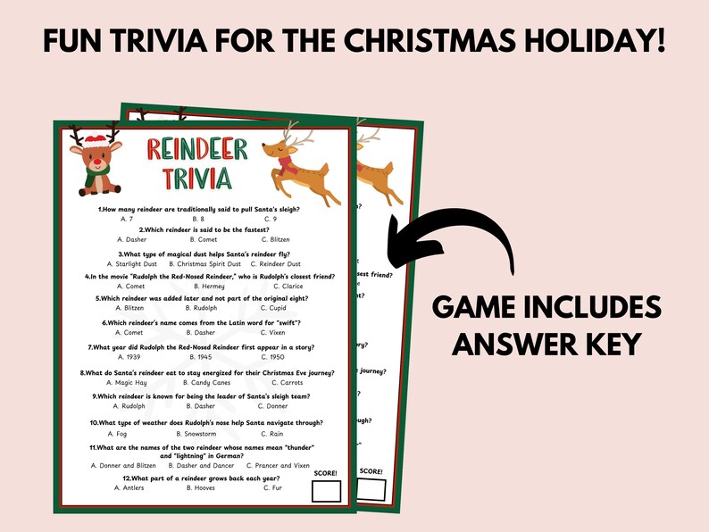 Reindeer Trivia, Christmas Trivia, Reindeer Quiz, Christmas Party Game ...