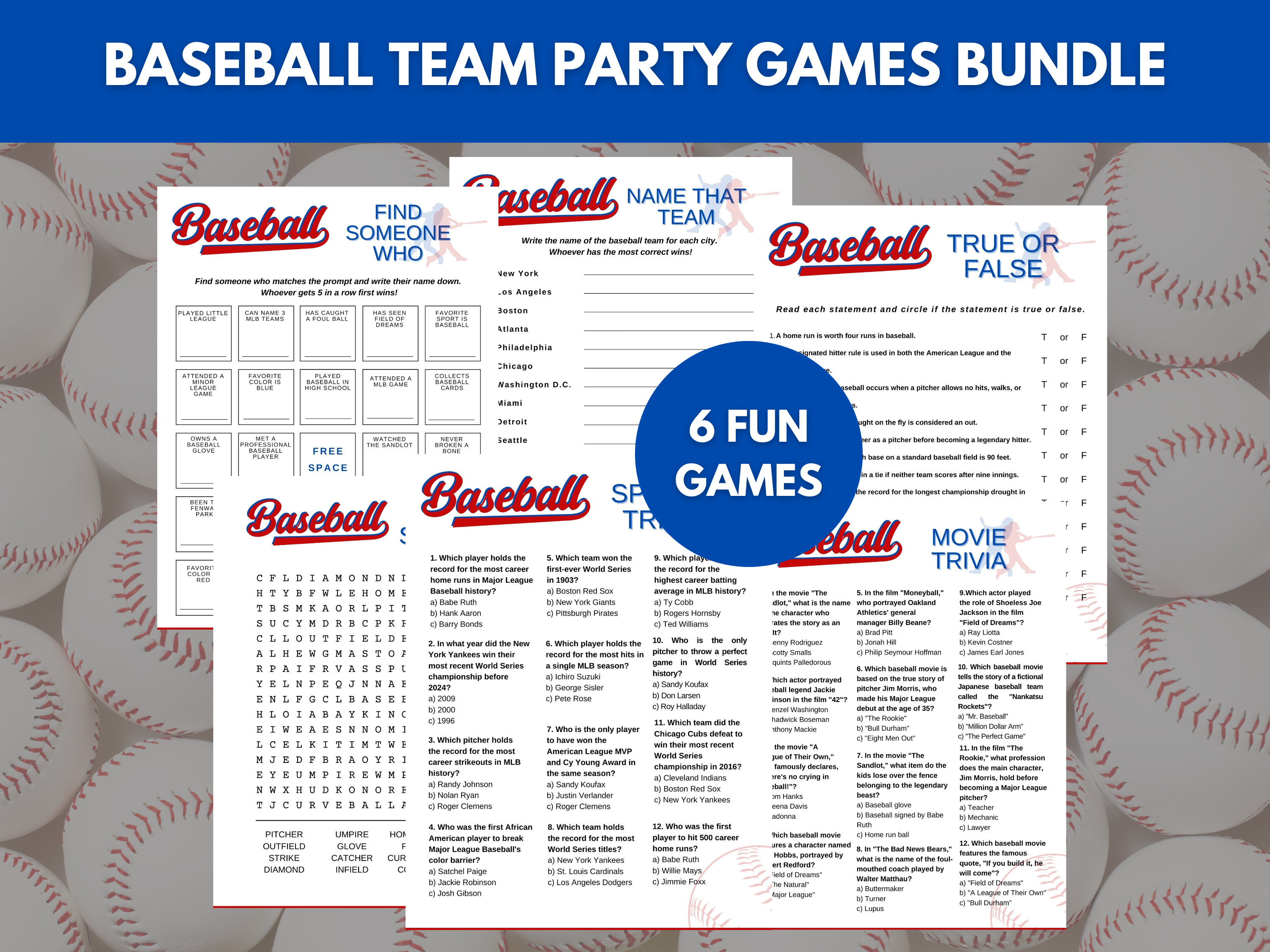 6 Baseball Party Games Bundle, Printable Baseball Team Activity ...