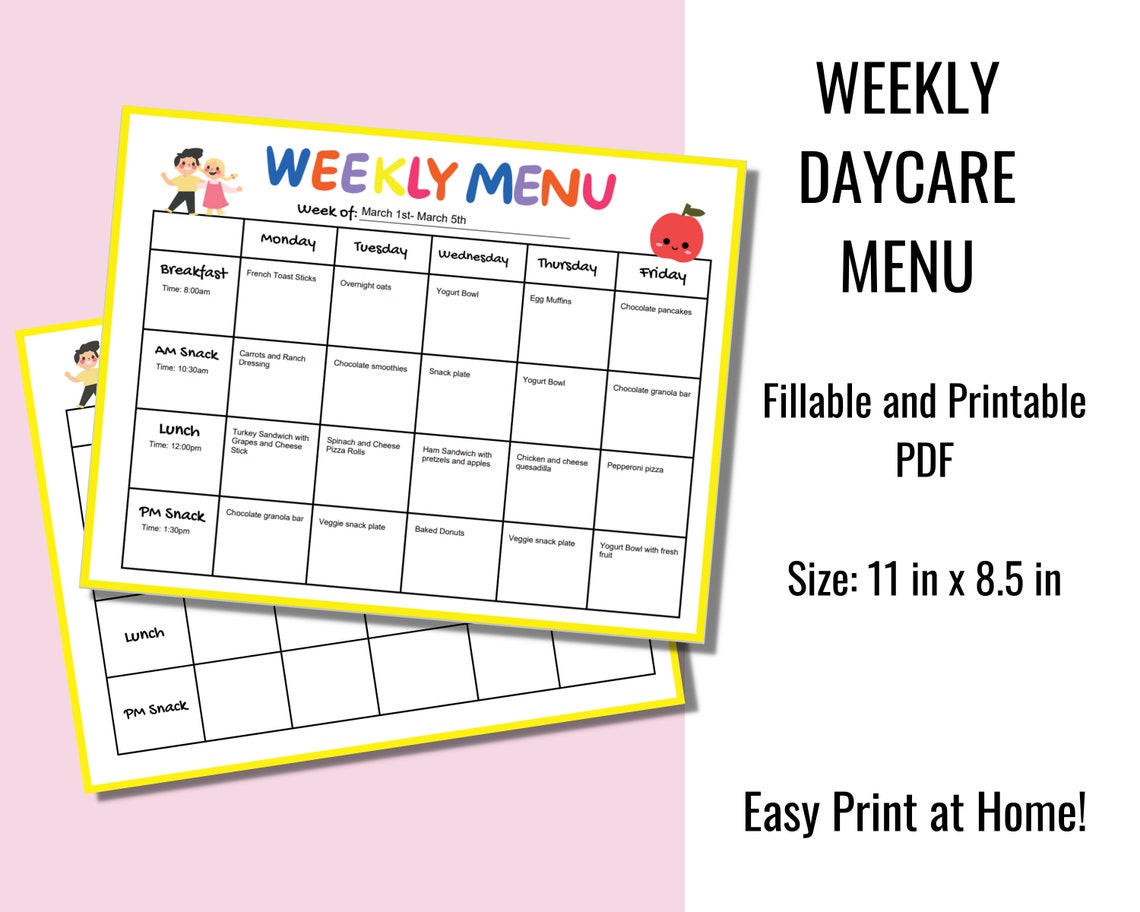 Fillable Weekly Daycare Menu, Editable Home Daycare Meal Planner ...