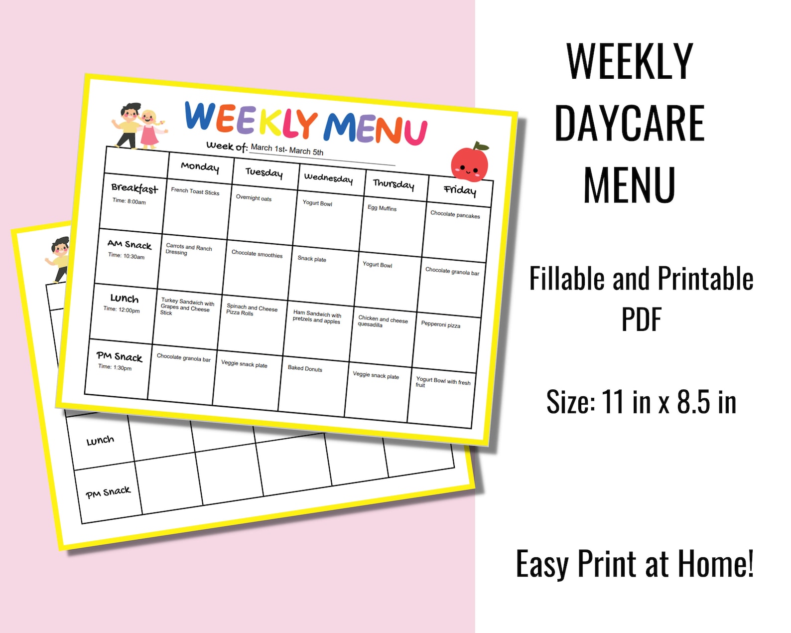 Fillable Weekly Daycare Menu, Editable Home Daycare Meal Planner ...