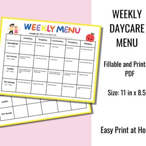 Fillable Weekly Daycare Menu, Editable Home Daycare Meal Planner ...