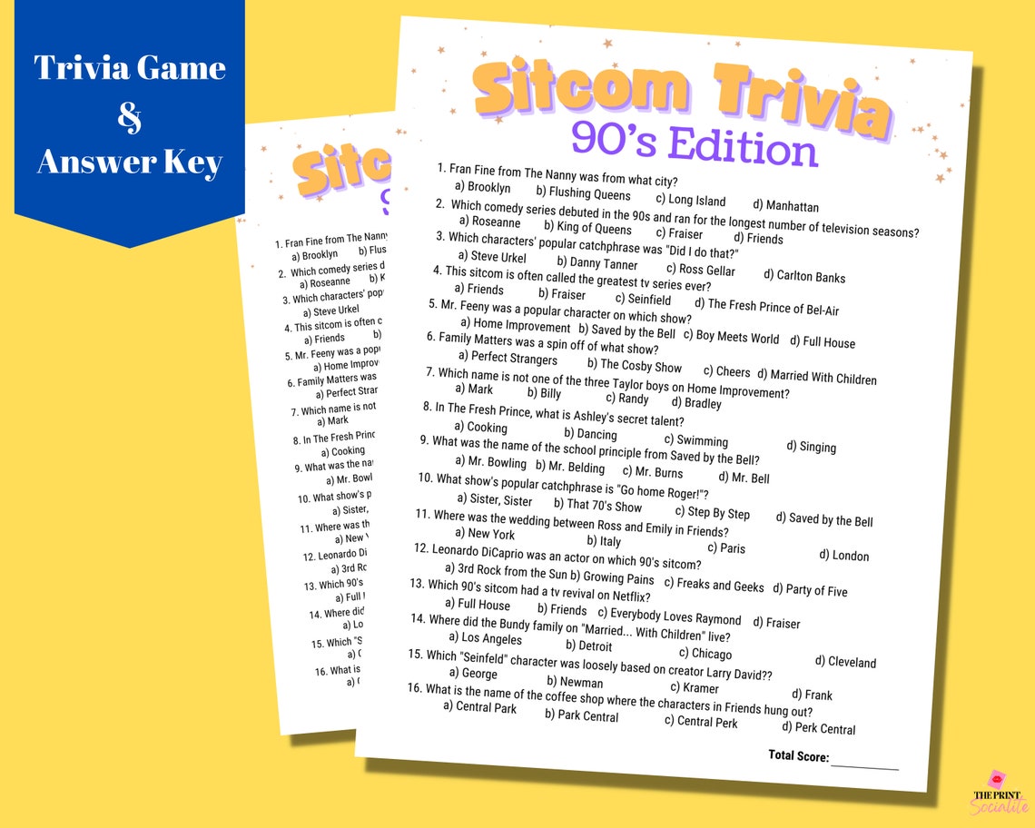90's Sitcom Trivia Game, Printable Party Game, Back to the Nineties ...