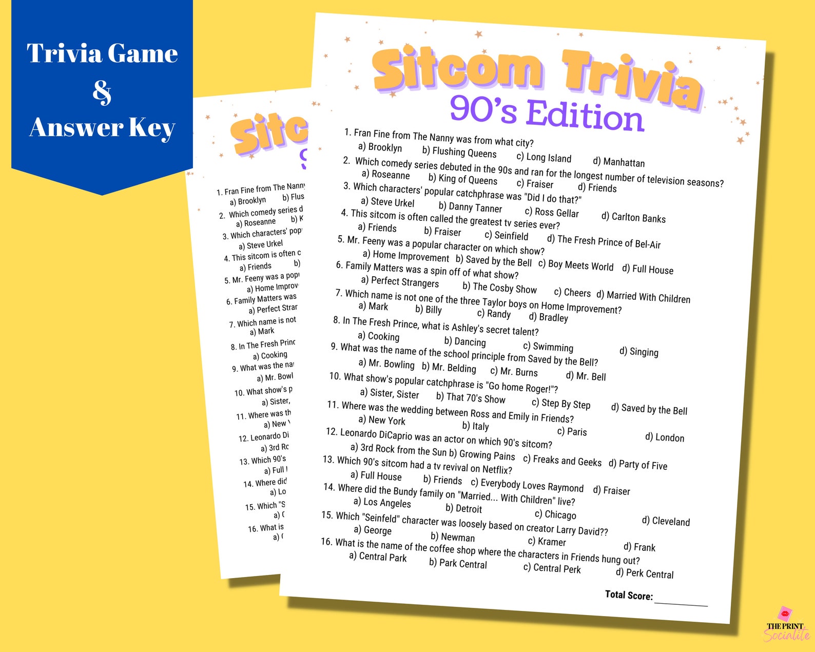 90's Sitcom Trivia Game, Printable Party Game, Back to the Nineties ...