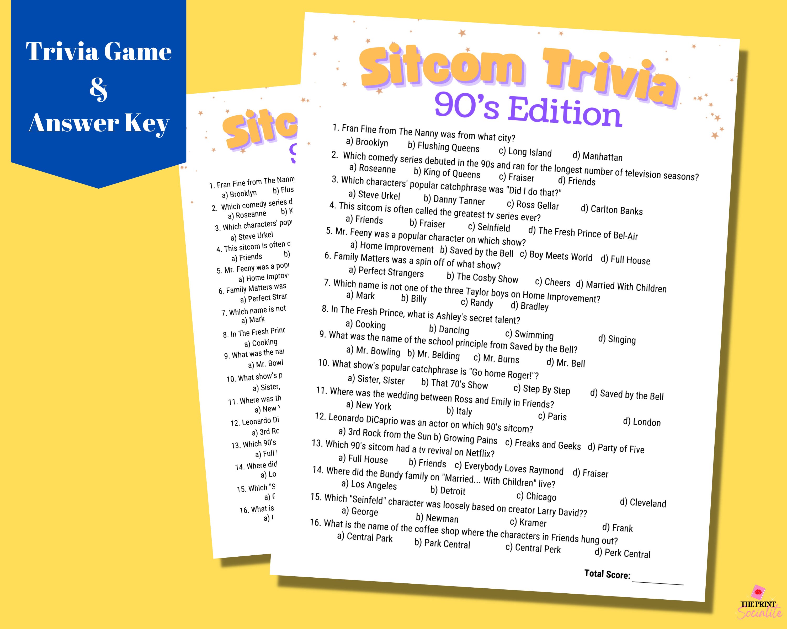 90's Sitcom Trivia Game, Printable Party Game, Back to the Nineties ...